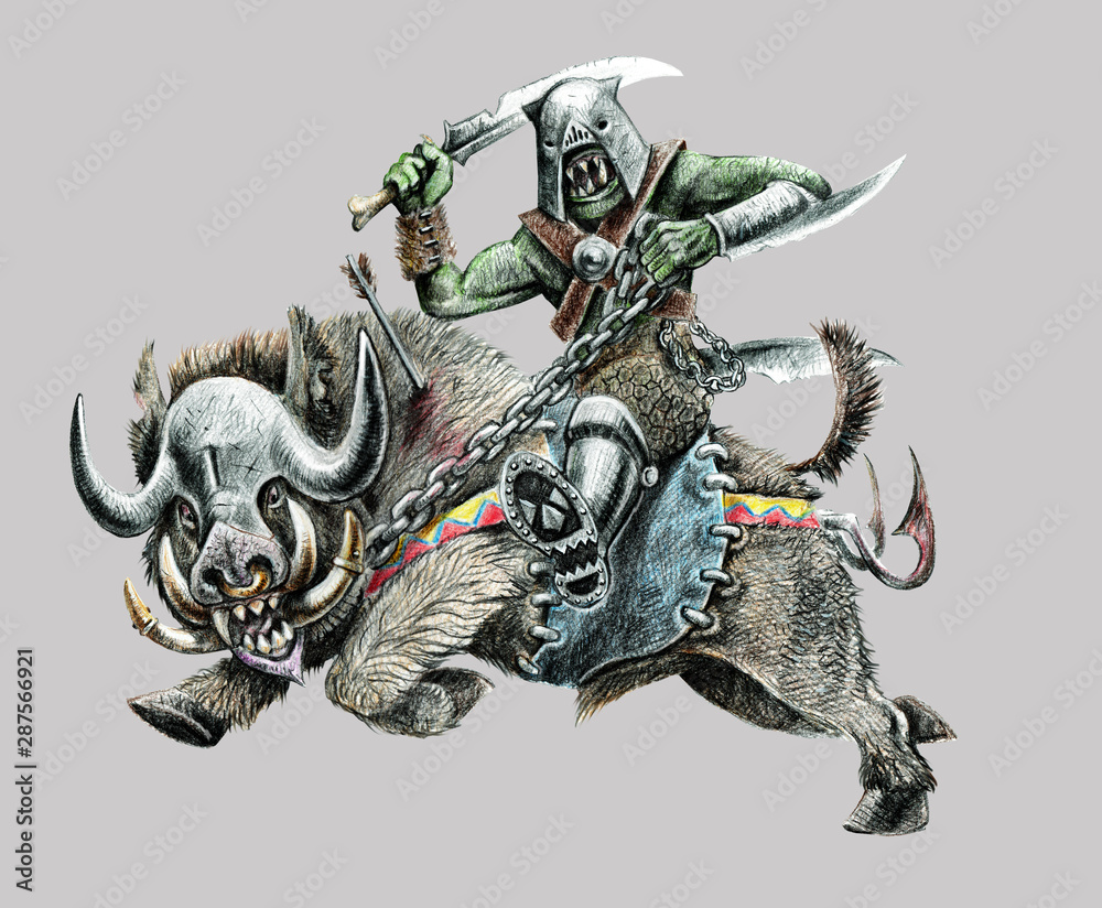 Orc on the boar. Fantasy pencil drawing. Monster creature illustration ...