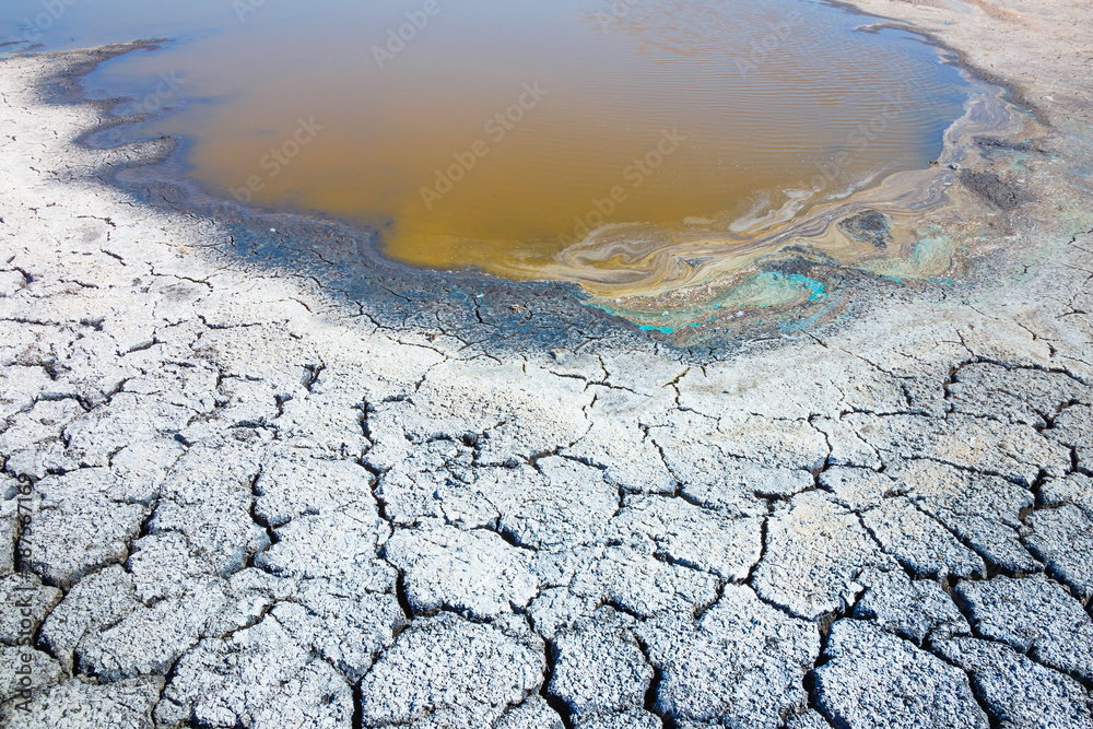 Heat, drought, climate disaster. Saline soil, dry riverbed, cracked ...