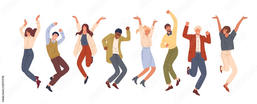 Plakat Happy jumping office workers flat vector illustration. Cheerful ...