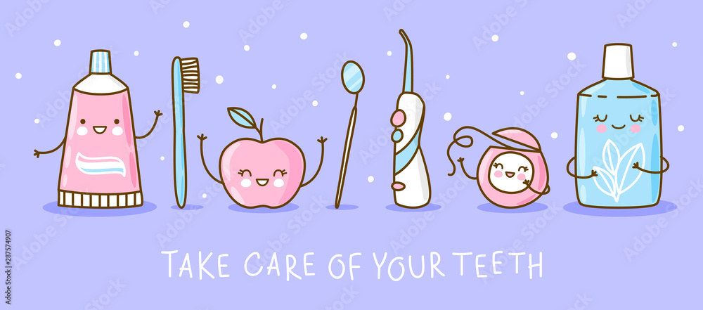 Set of cute objects for dental care on purple background - funny ...