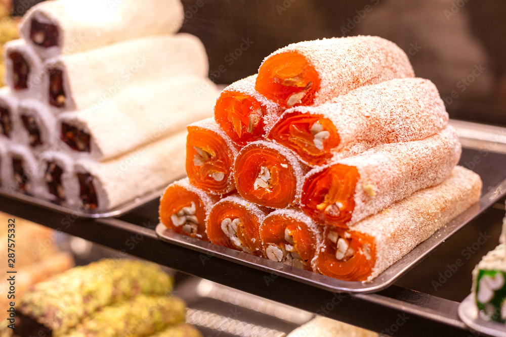 Traditional delicious turkish desserts in the shop window showcase ...