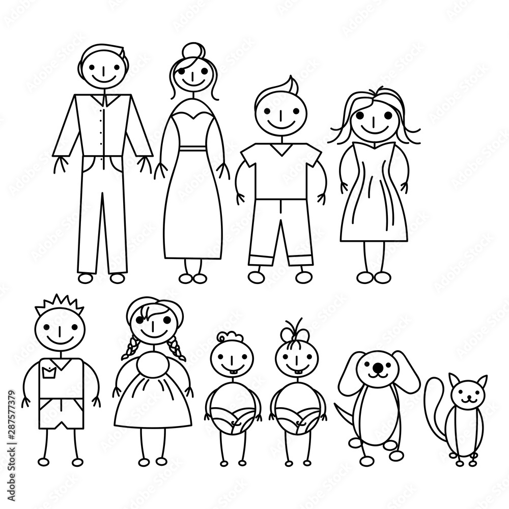 Set of happy cartoon doodle figure family, stick man. Stickman ...