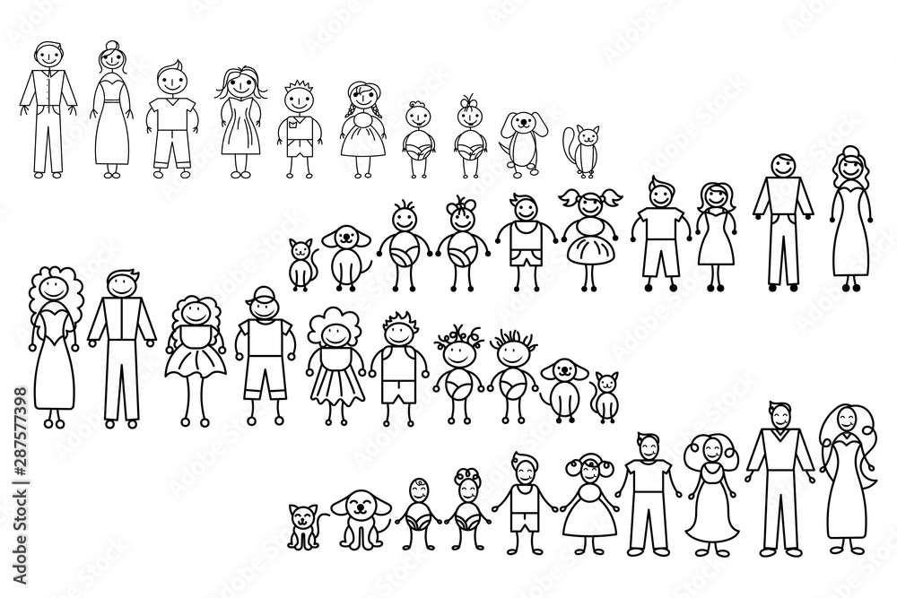 Set of happy cartoon doodle figure family, stick man. Stickman ...