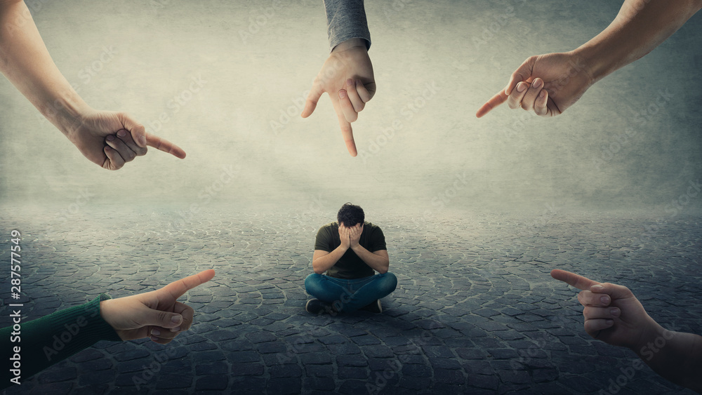 Stressed man, under pressure, sitting on floor cover face feel ...