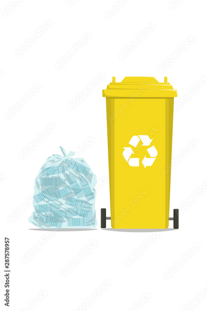 Yellow recycle bin with recycle symbol & Plastic bottle in translucent ...