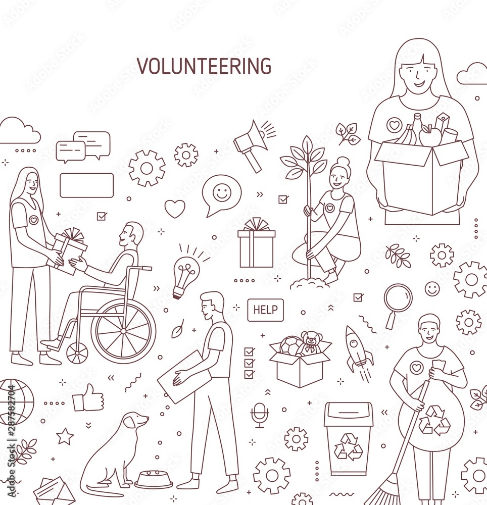 Volunteering vector banner design. Humanitarian help concept outline ...