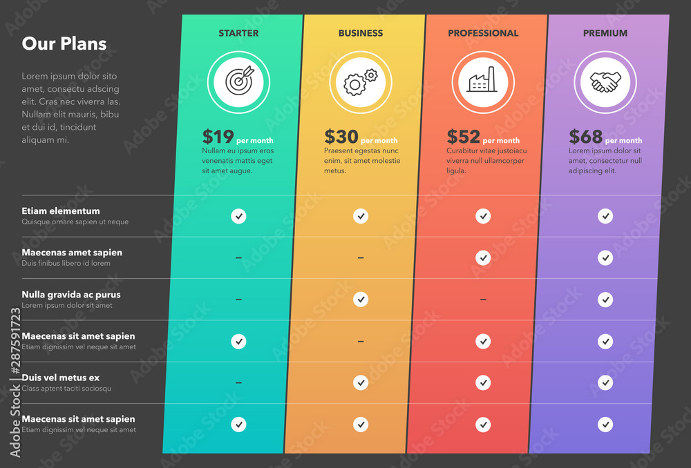 Modern pricing comparison table with four subscription plans and place ...