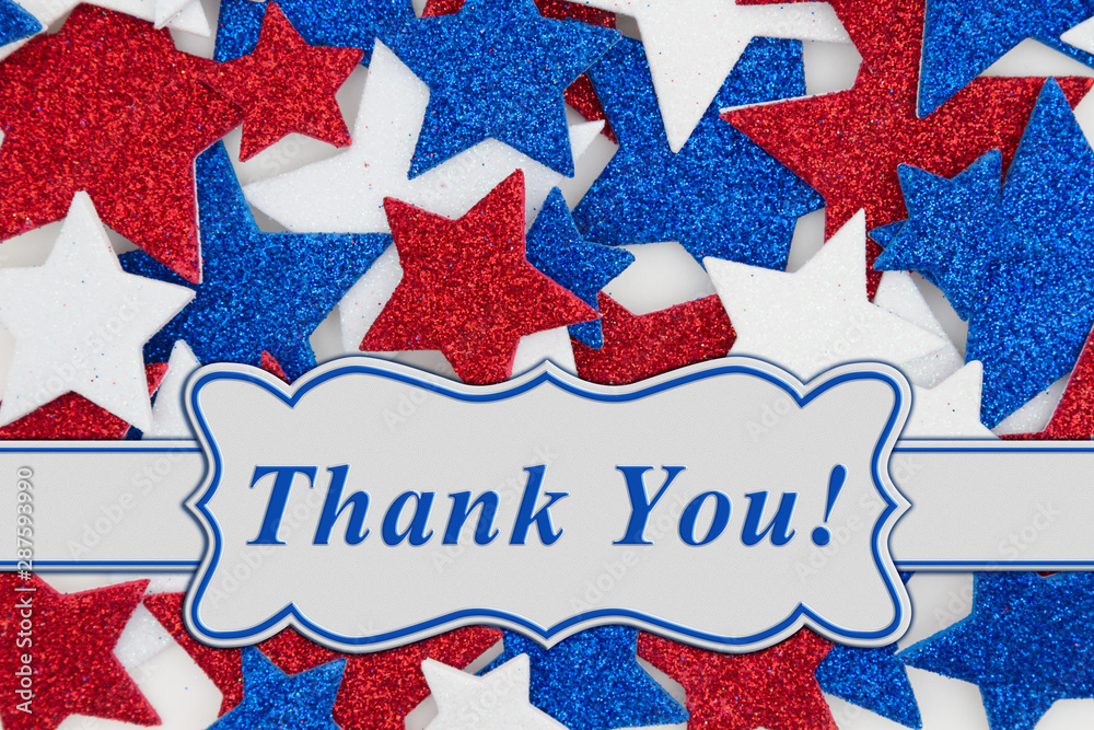 Thank You message with red, white and blue glitter stars Stock Photo ...