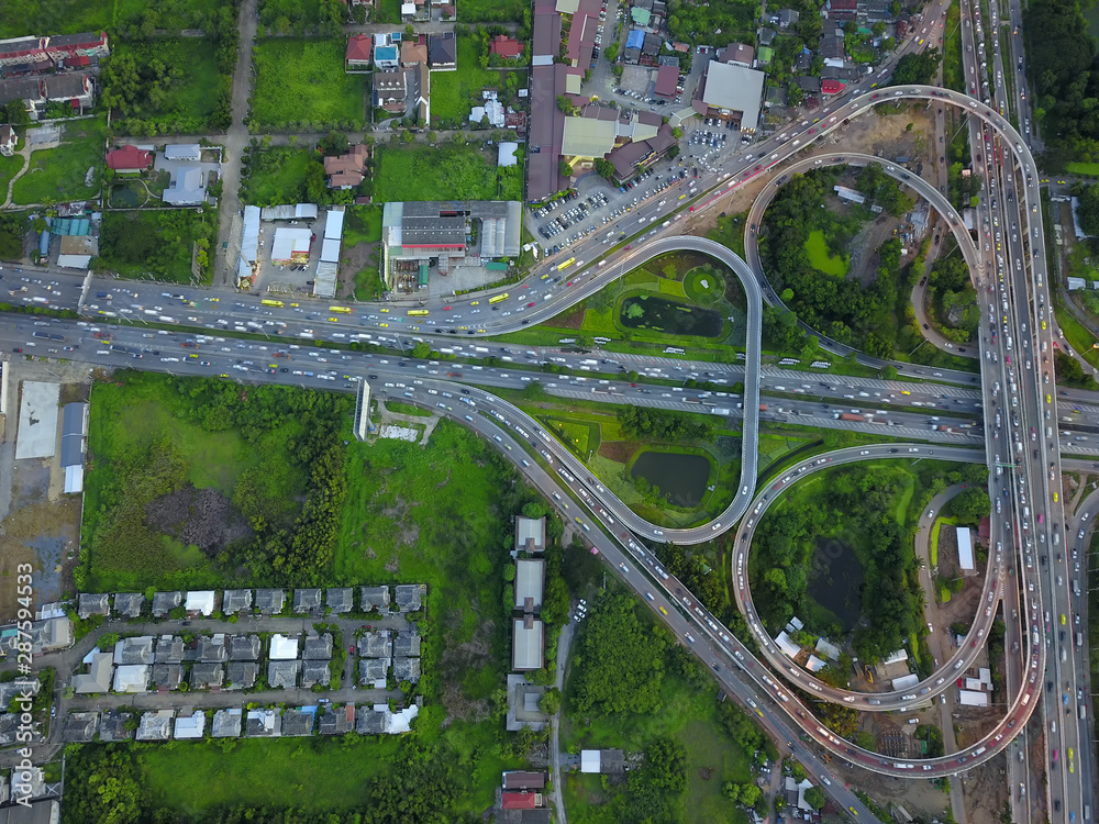 Aerial top view of Toll expressway, Motorway shaped like a triangle or ...