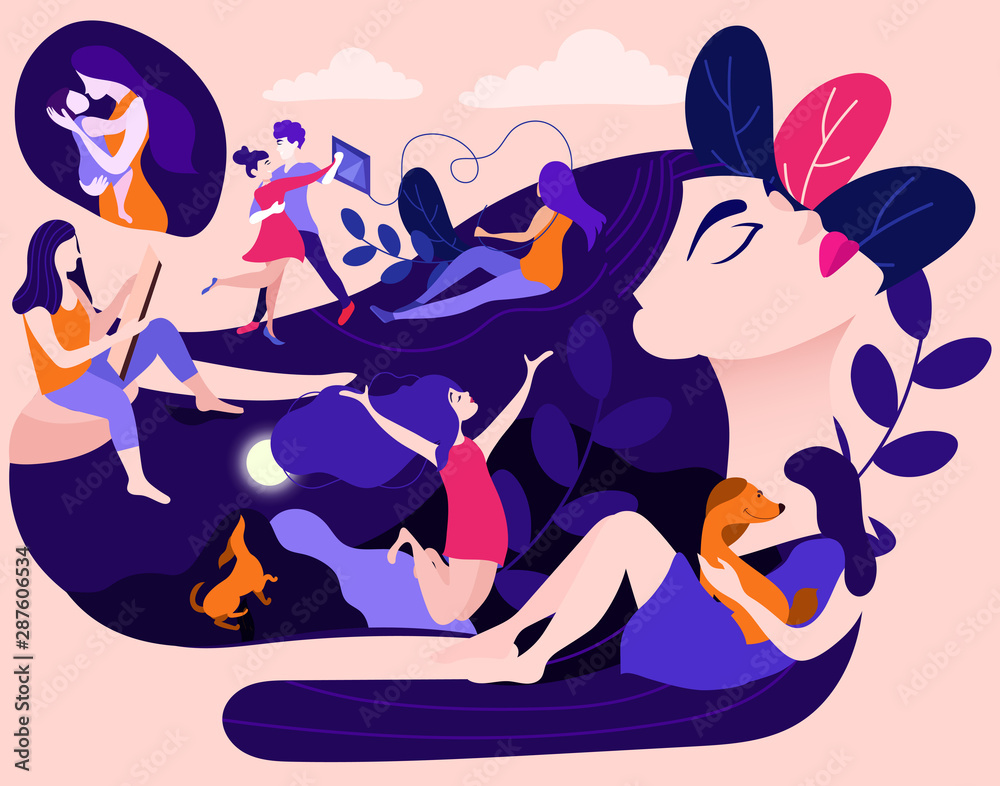 Beautiful young woman and scenes from her life. Concept of memories and ...