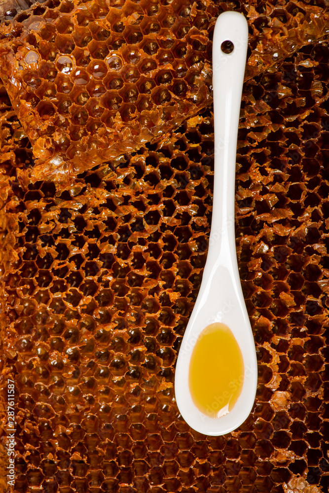 against the background of a honeycomb, with a top view, a white ceramic ...