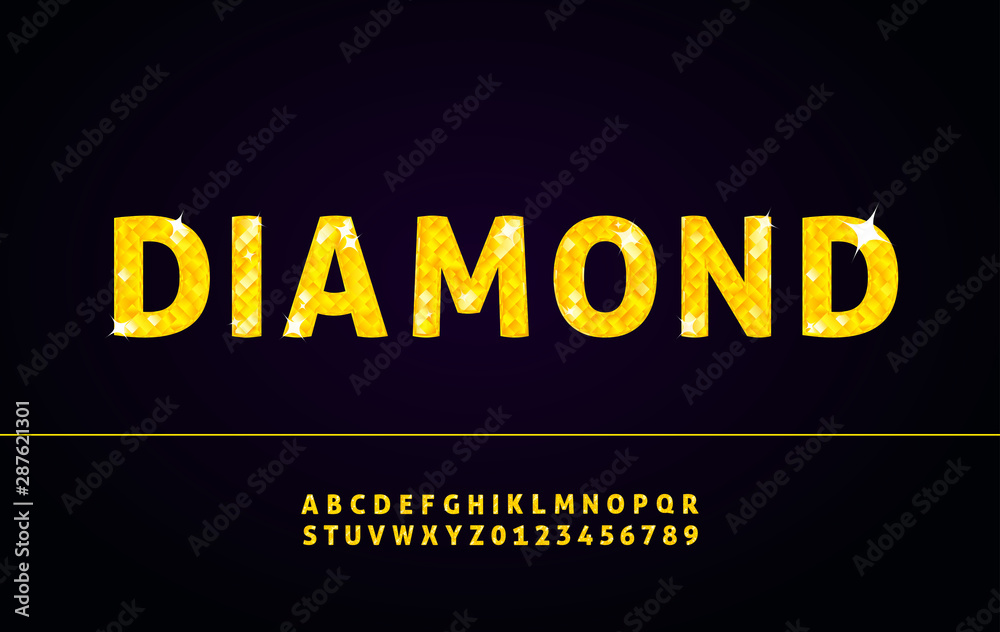 Diamond alphabet font with letters and numbers cartoon vector ...