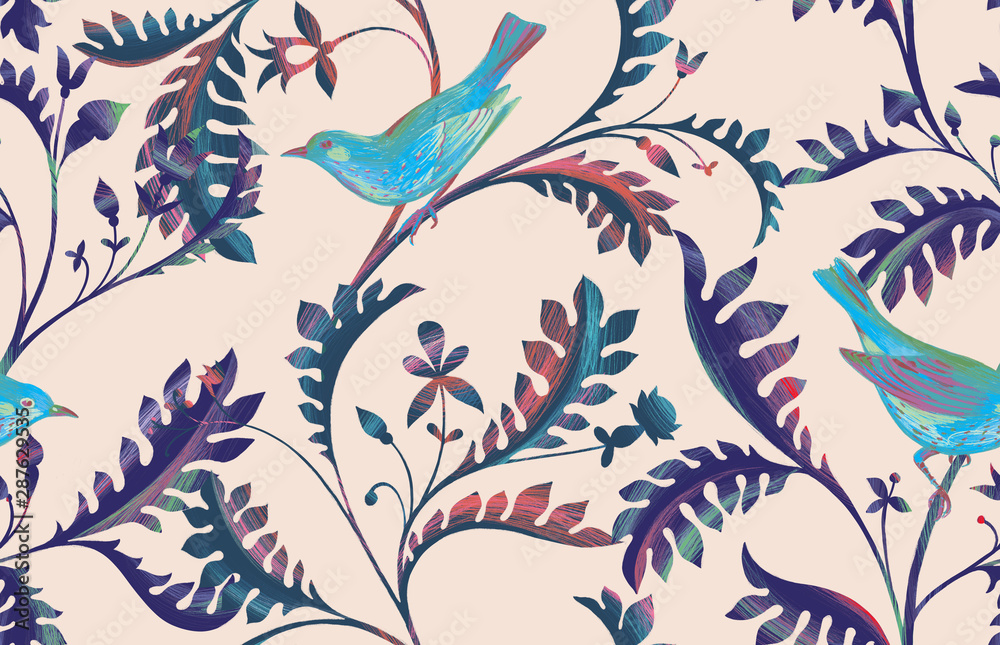 Seamless pattern with birds and branches with exotic leaves. Hand drawn ...