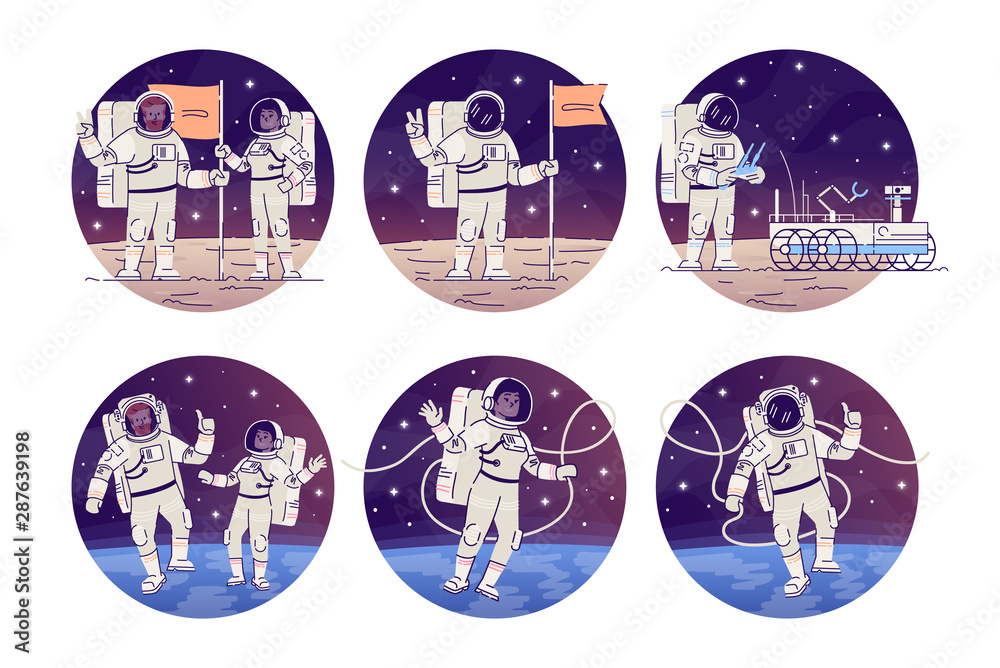 Astronauts in outer space flat concept icons set. Cosmonauts flying in ...