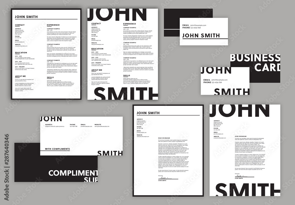 Black and White Resume Layout Set with Bold Typography Stock Template ...