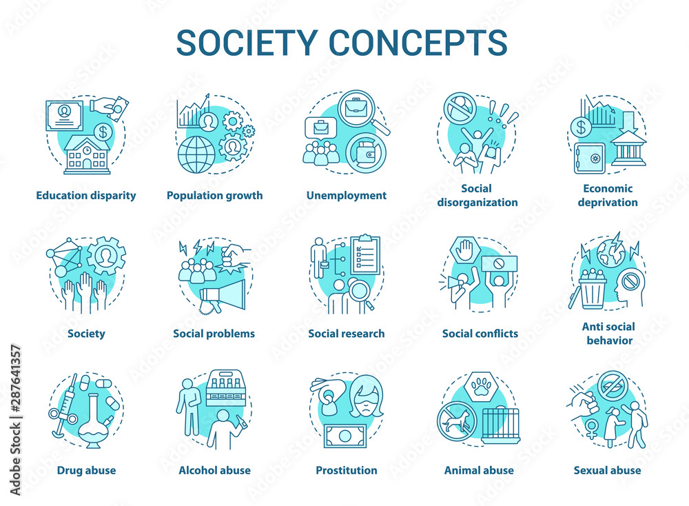 Society concept icons set. Social issues, behavioral problems idea thin ...