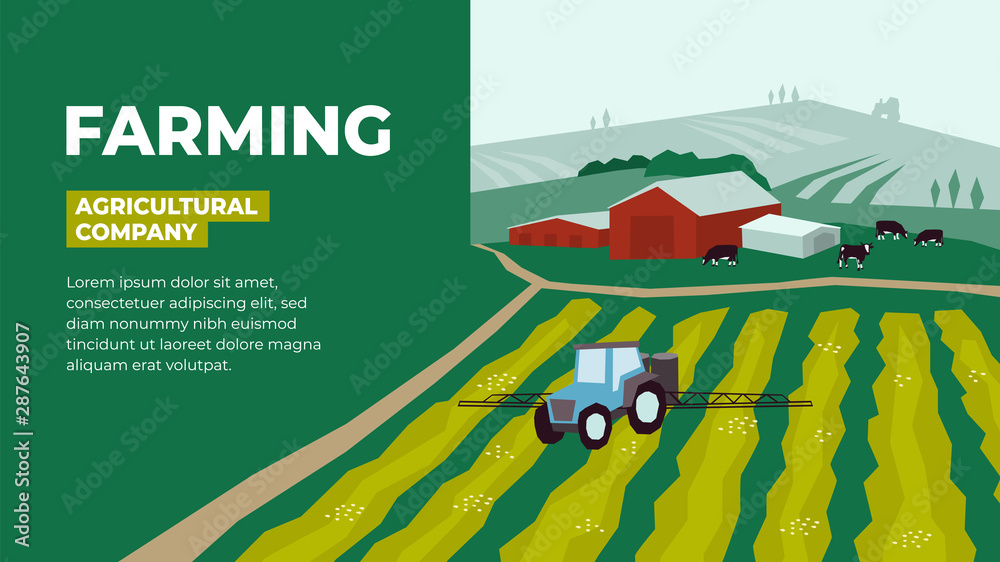 Design for farming with farm land, pasture, cows. Vector illustration ...