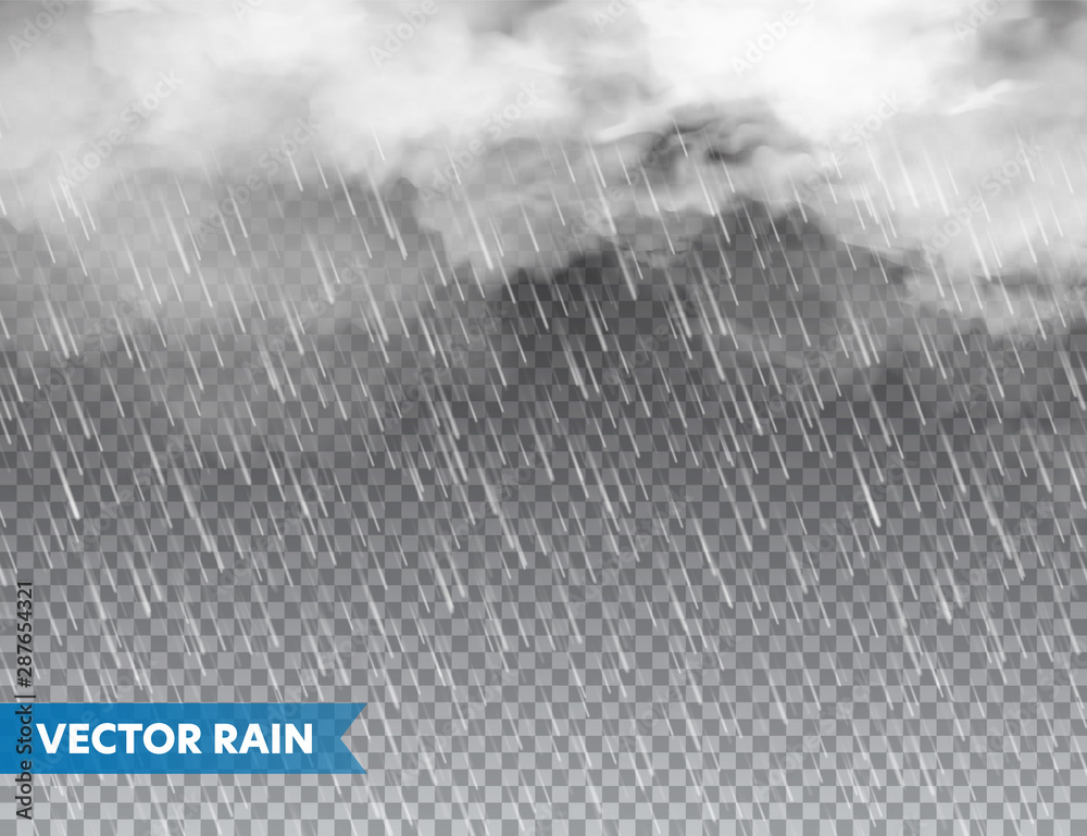 Realistic rain with clouds on transparent background. Rainfall, water ...