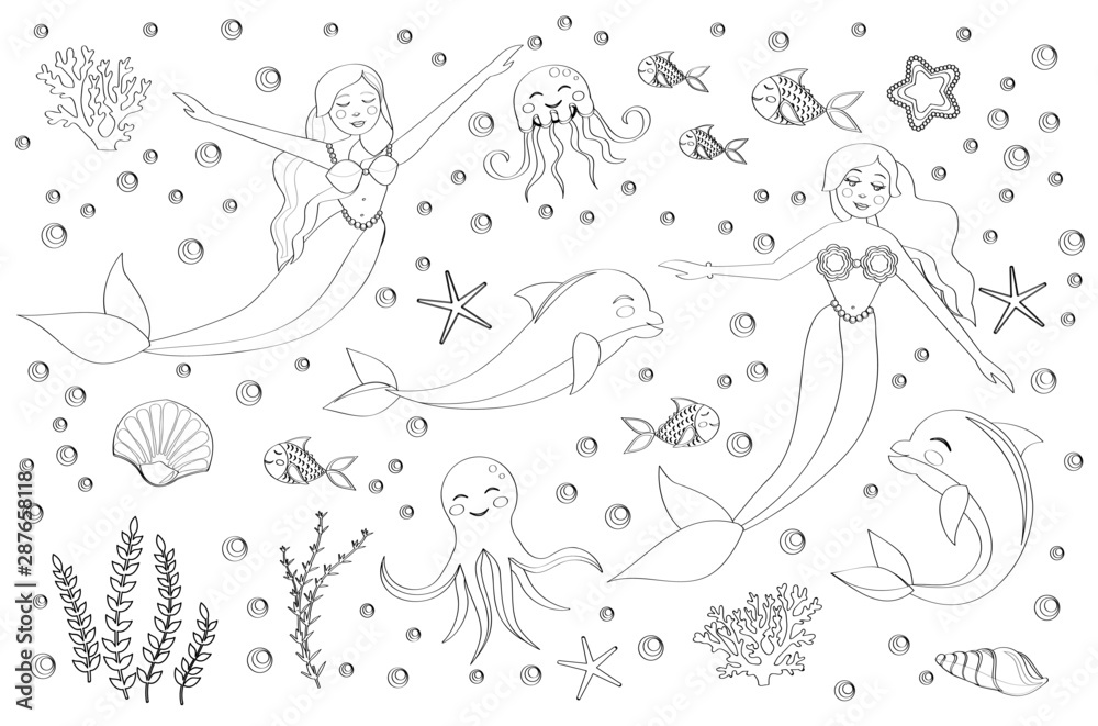 Cute set of mermaid princess and dolphin, octopus, fish, jellyfish ...