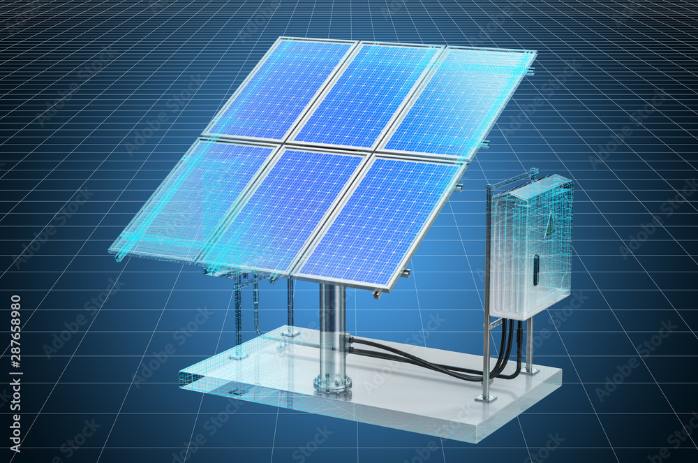 Visualization 3d cad model of solar panel, blueprint. 3D rendering ...