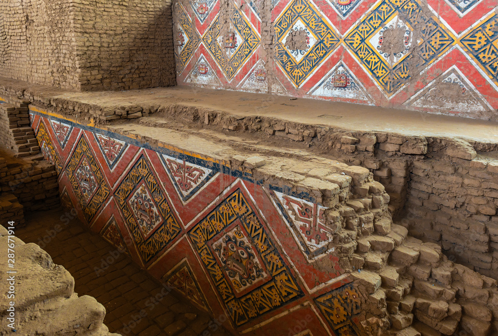 The Huaca de la Luna or Moon Pyramid made with adobe bricks with its ...
