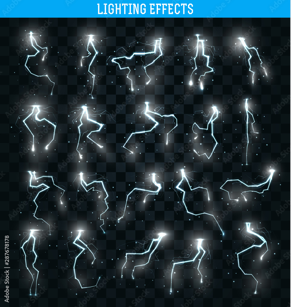 Set of the isolated realistic lightnings with transparency for design ...