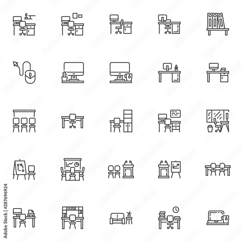 Office workplace line icons set. linear style symbols collection ...