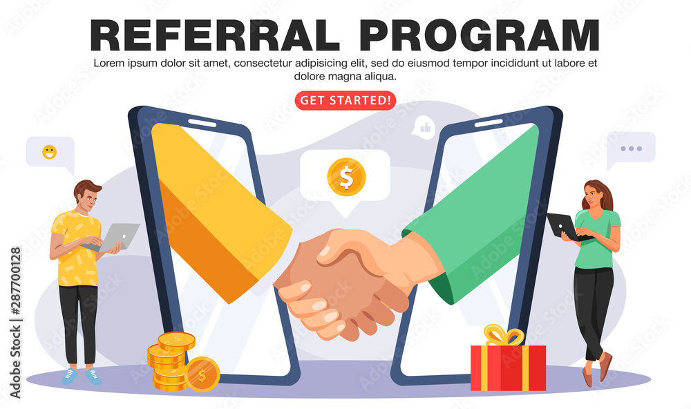 Refer a friend or Referral marketing concept. Business people shaking ...