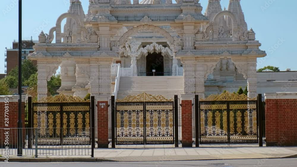 Close-up shot of the BAPS Shri Swaminarayan Mandir Hindu temple in ...