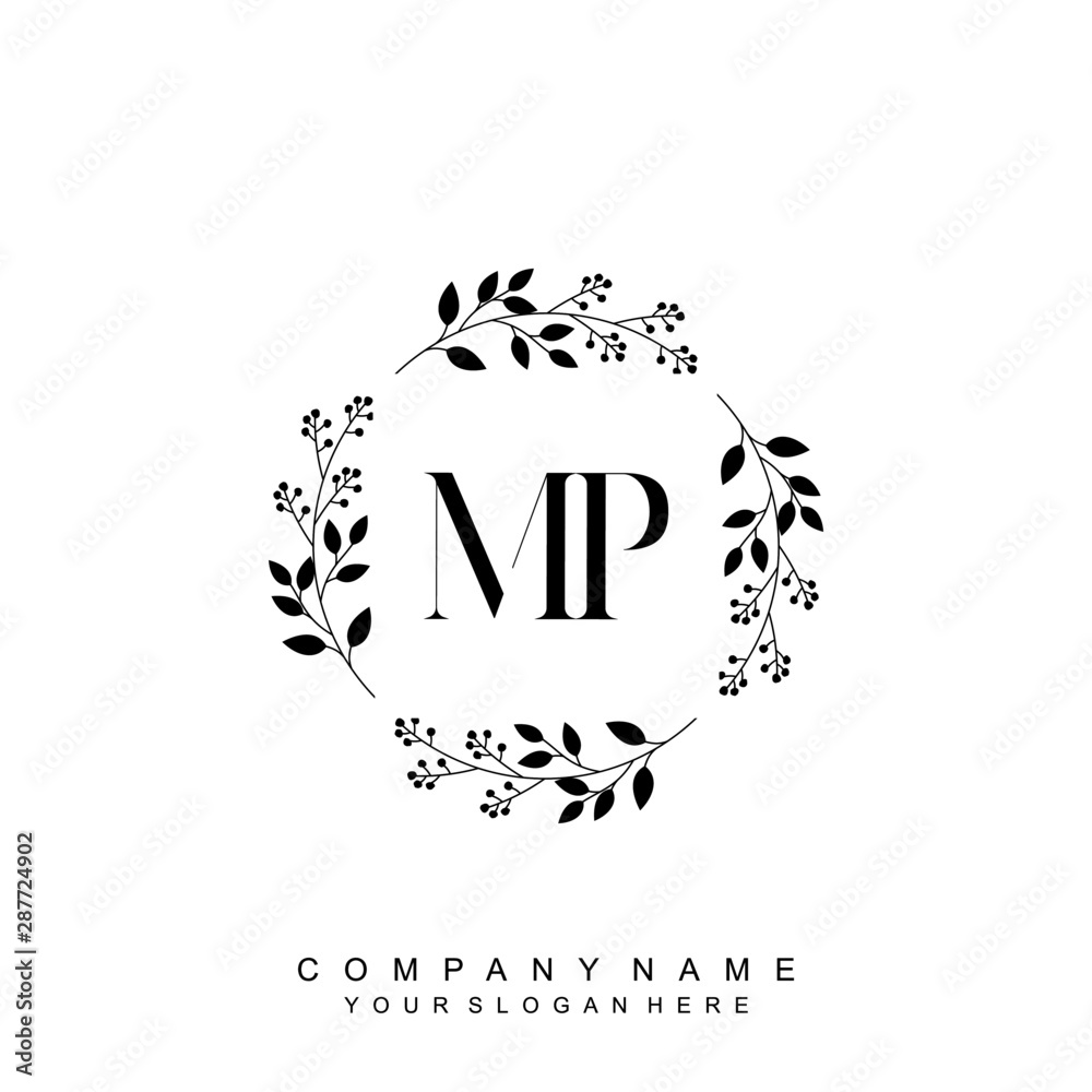 letter MP surrounded by beautiful and elegant flowers and leaves ...