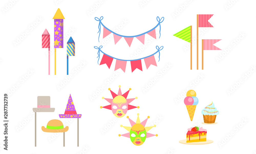 Party Symbols Set, Celebration Birthday, Carnival, Masquerade, Colorful ...
