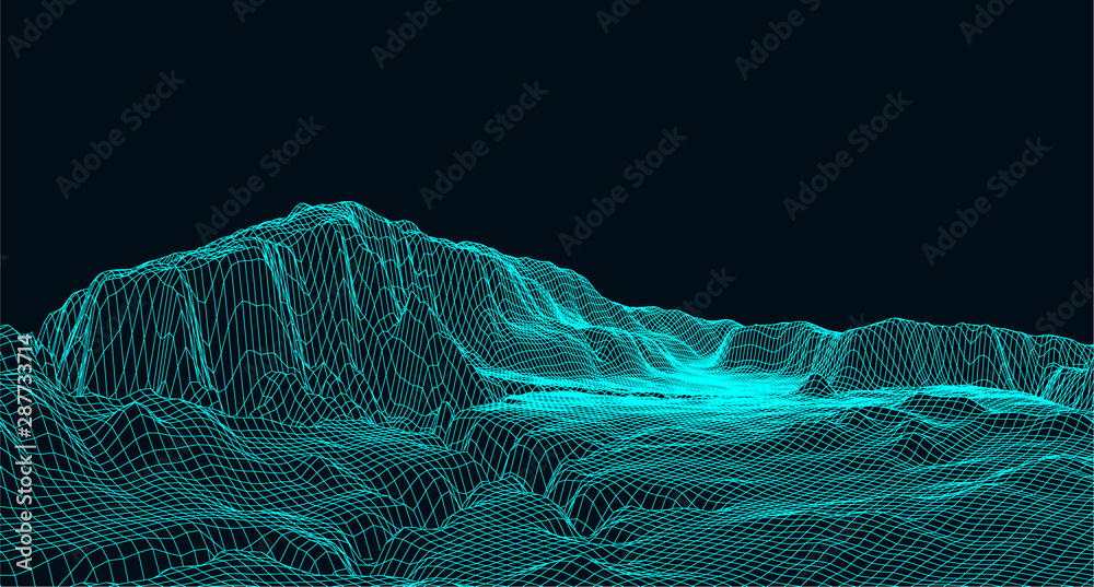 Abstract digital landscape with particles dots and stars on horizon ...