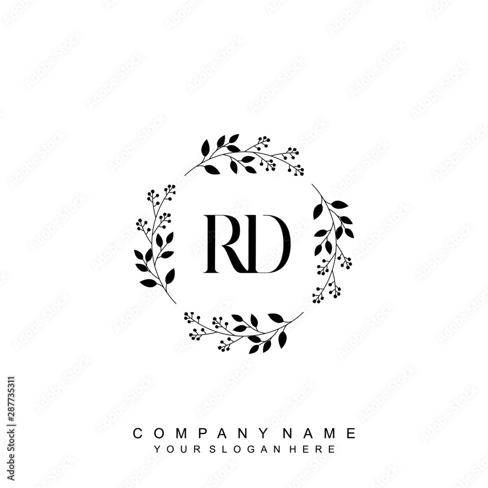 letter RD surrounded by beautiful and elegant flowers and leaves ...