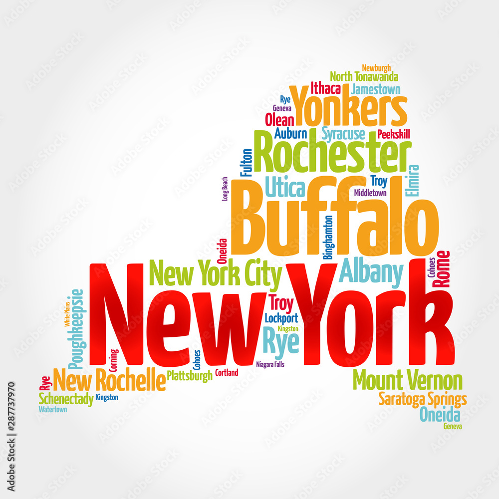 List of cities in New York USA state, map silhouette word cloud map concept Stock Vector | Adobe ...