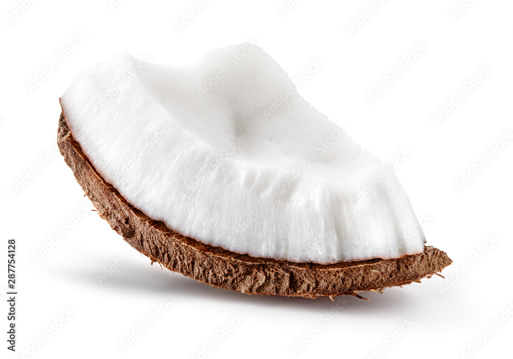 Coconut slice front view. Coconut piece side view isolated. Coco on ...