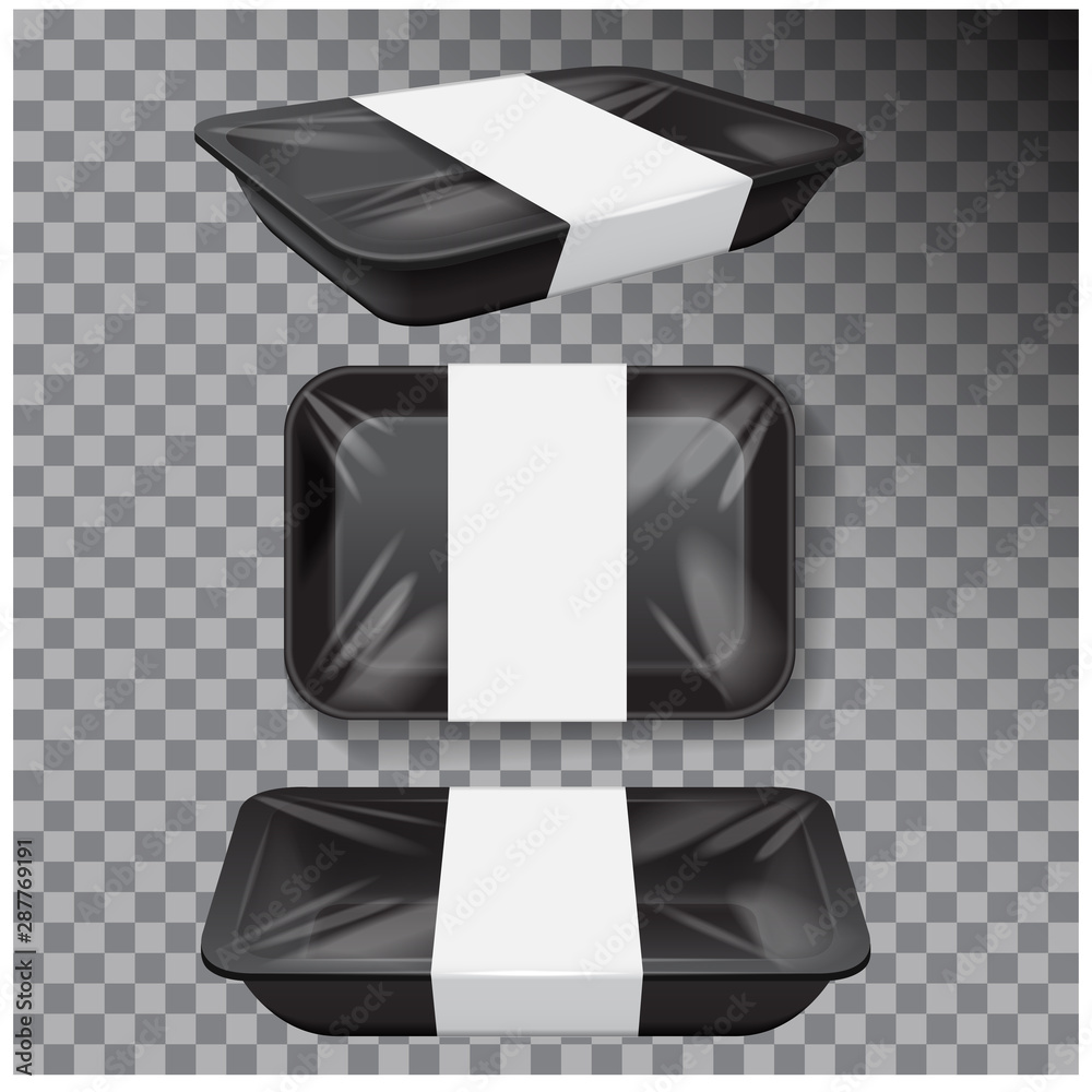 Styrofoam food storage. Black food plastic tray, dark foam meal ...