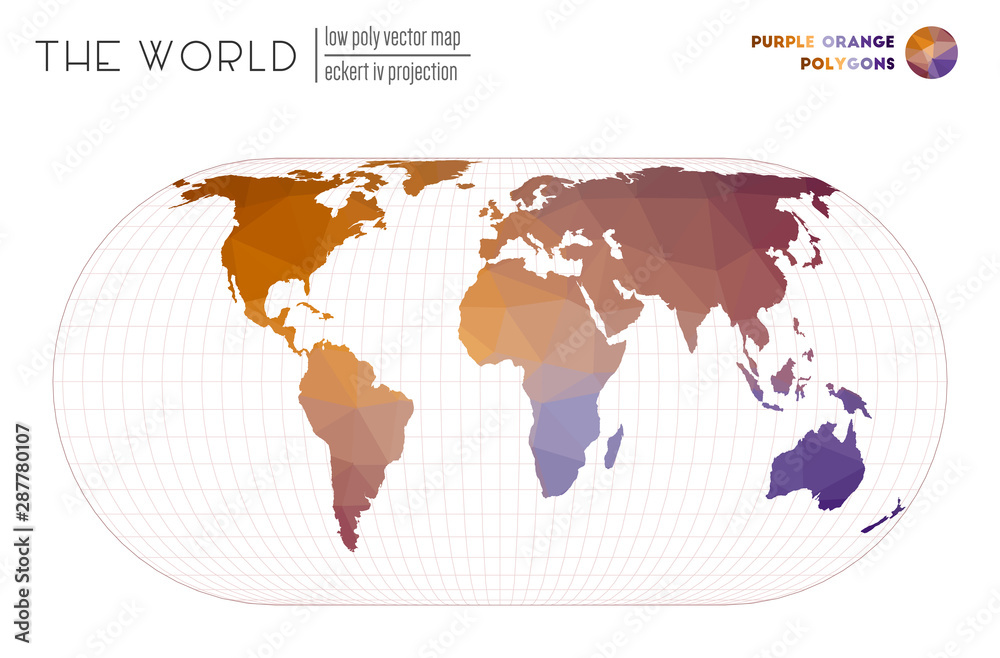 Polygonal world map. Eckert IV projection of the world. Purple Orange ...