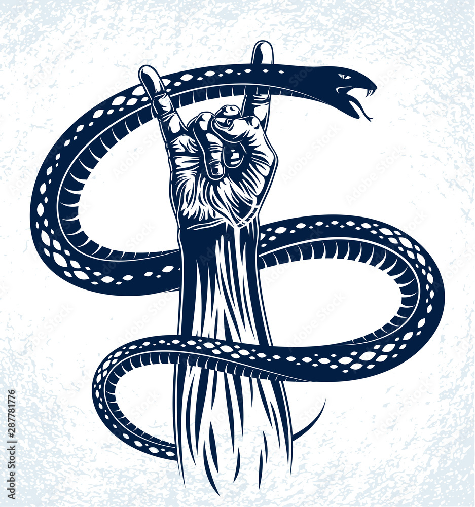 Rock hand sign with aggressive snake, hot music Rock and Roll gesture ...