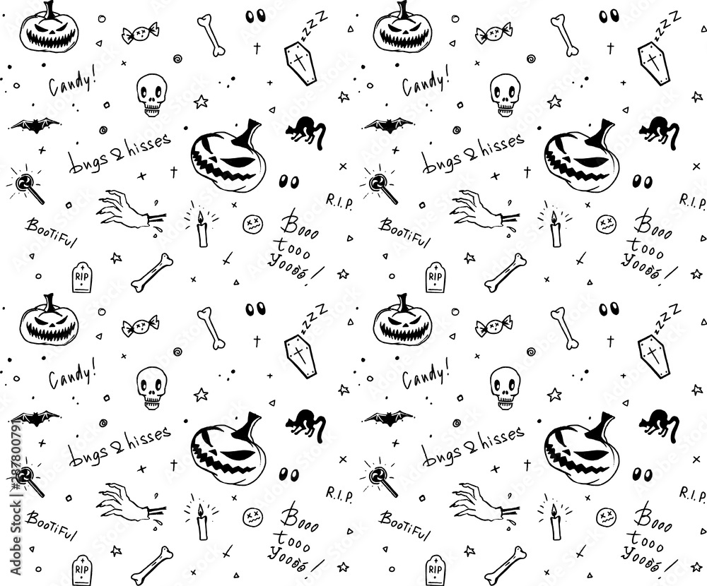 Hand drawn black and white Halloween seamless pattern design for card ...