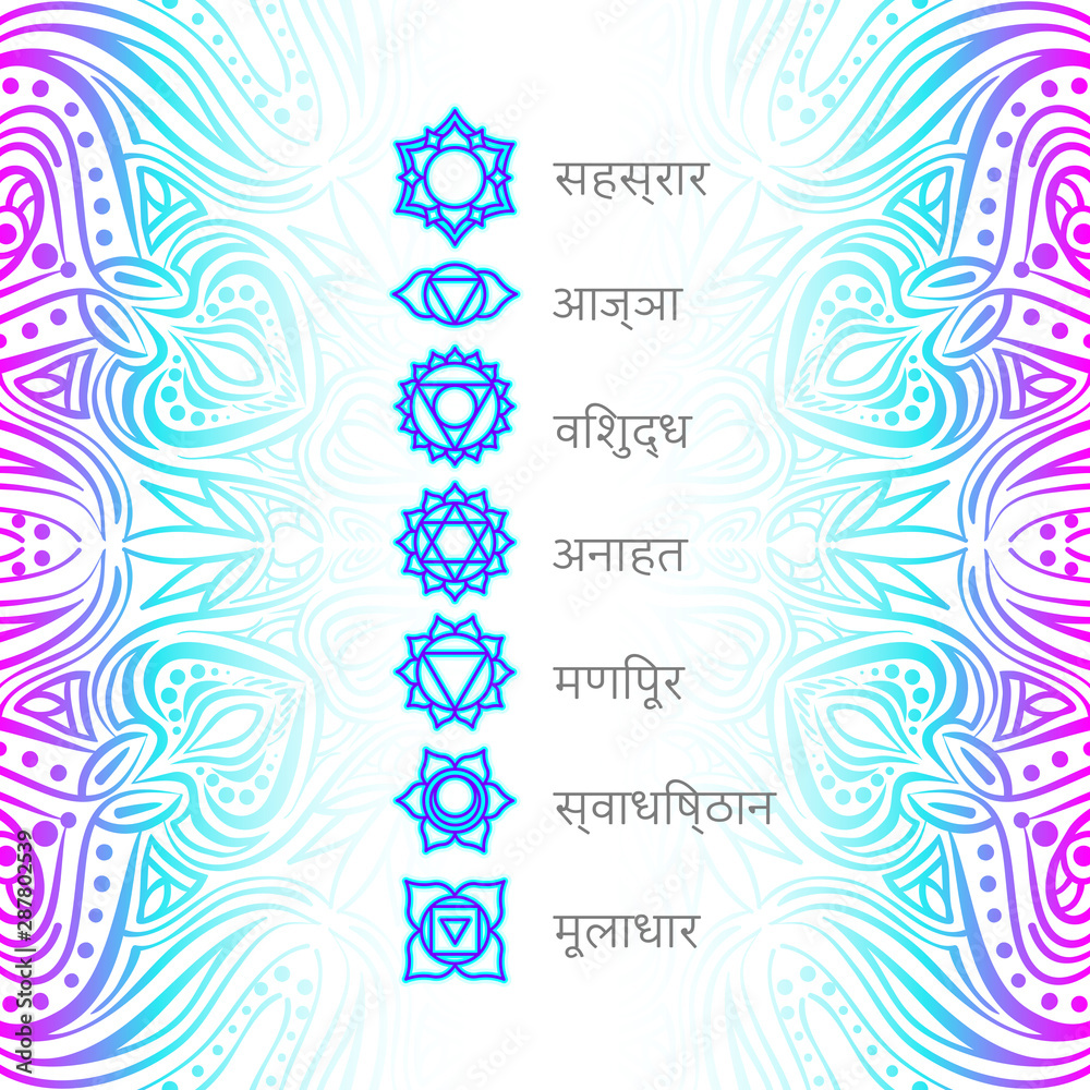 Basic human chakra system. 7 chakras. Set of seven chakra symbols of ...