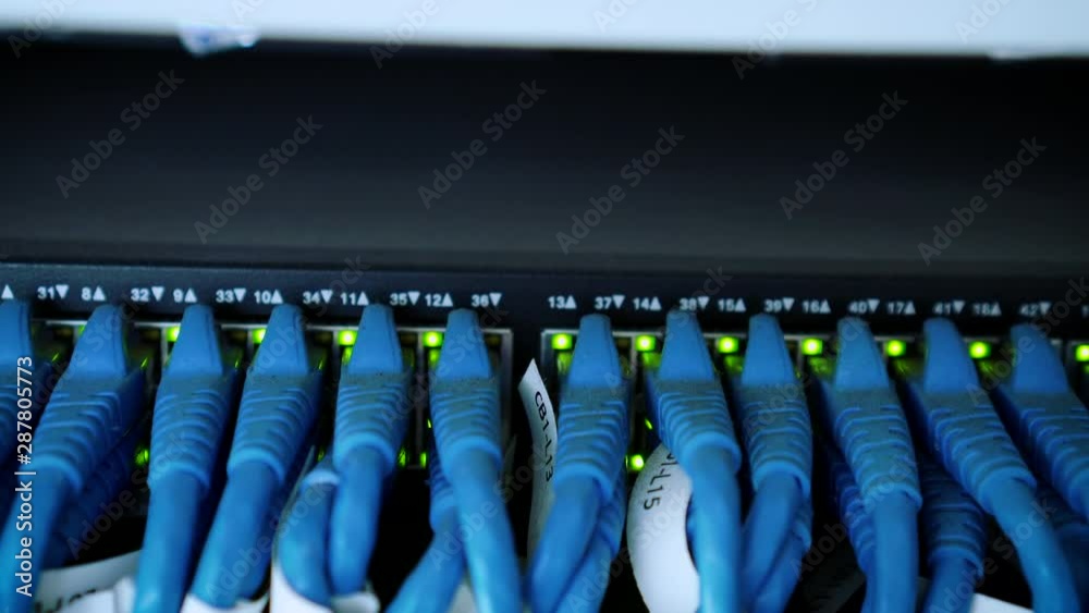 Server rack with blue internet fiber optic cables connected to patch ...