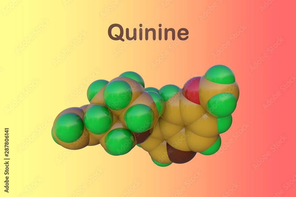 Space-filling molecular model of quinine. It is a medication used to ...