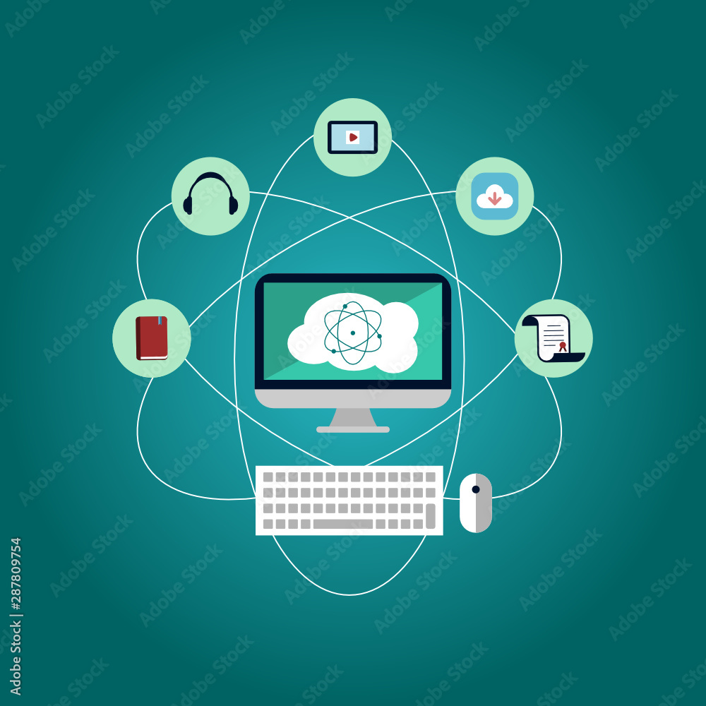 Online education concept with atom and education icons. PC and cloud ...