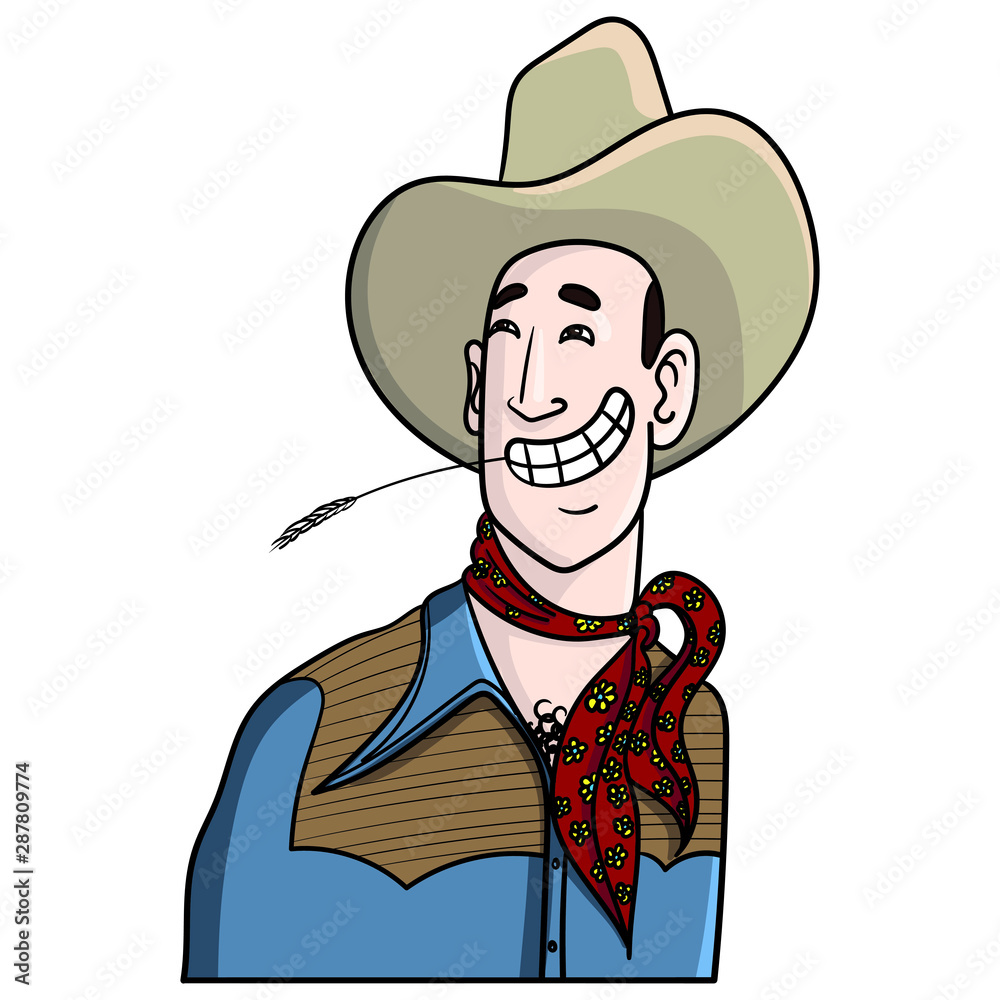 funny comic illustration of a cowboy with a hat and collar, laughing ...