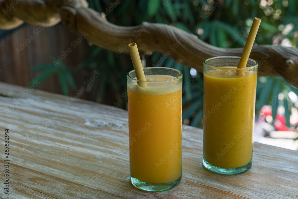 Zero waste concept with reuse bomboo straw, tropical delicious juice, Thai Bali seasonal, cool ...