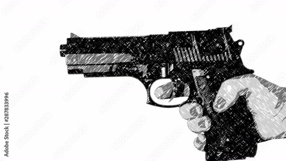 Stitch drawing effect: a hand holding a gun, slowly appearing, firing ...