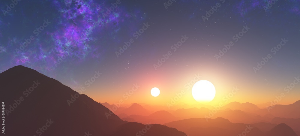 3D illustration of a fantastic extraterrestrial landscape. Sunset on a ...