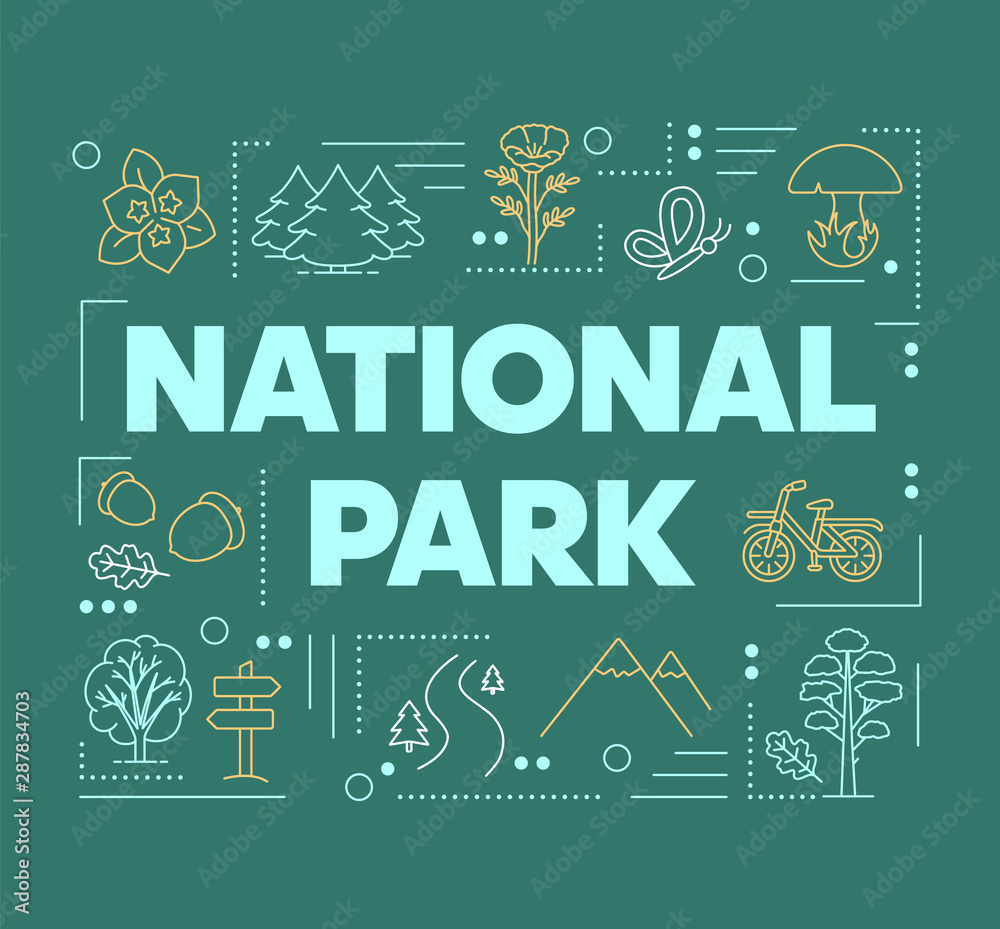 National park word concepts banner. Mountains and woods. Forest reserve ...