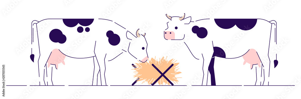 Cows feeding flat vector illustration. Cattle farming, animal husbandry ...