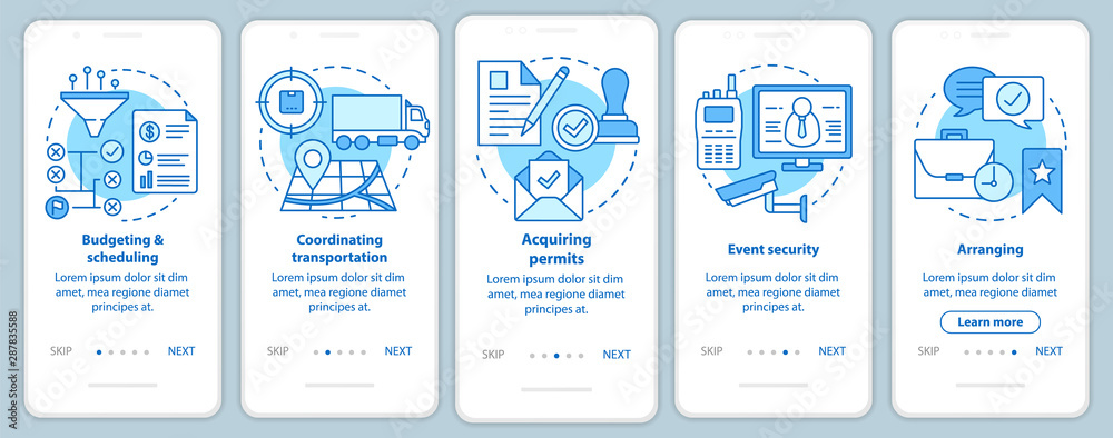 Event planning onboarding mobile app page screen with linear concepts. Budgeting and scheduling ...